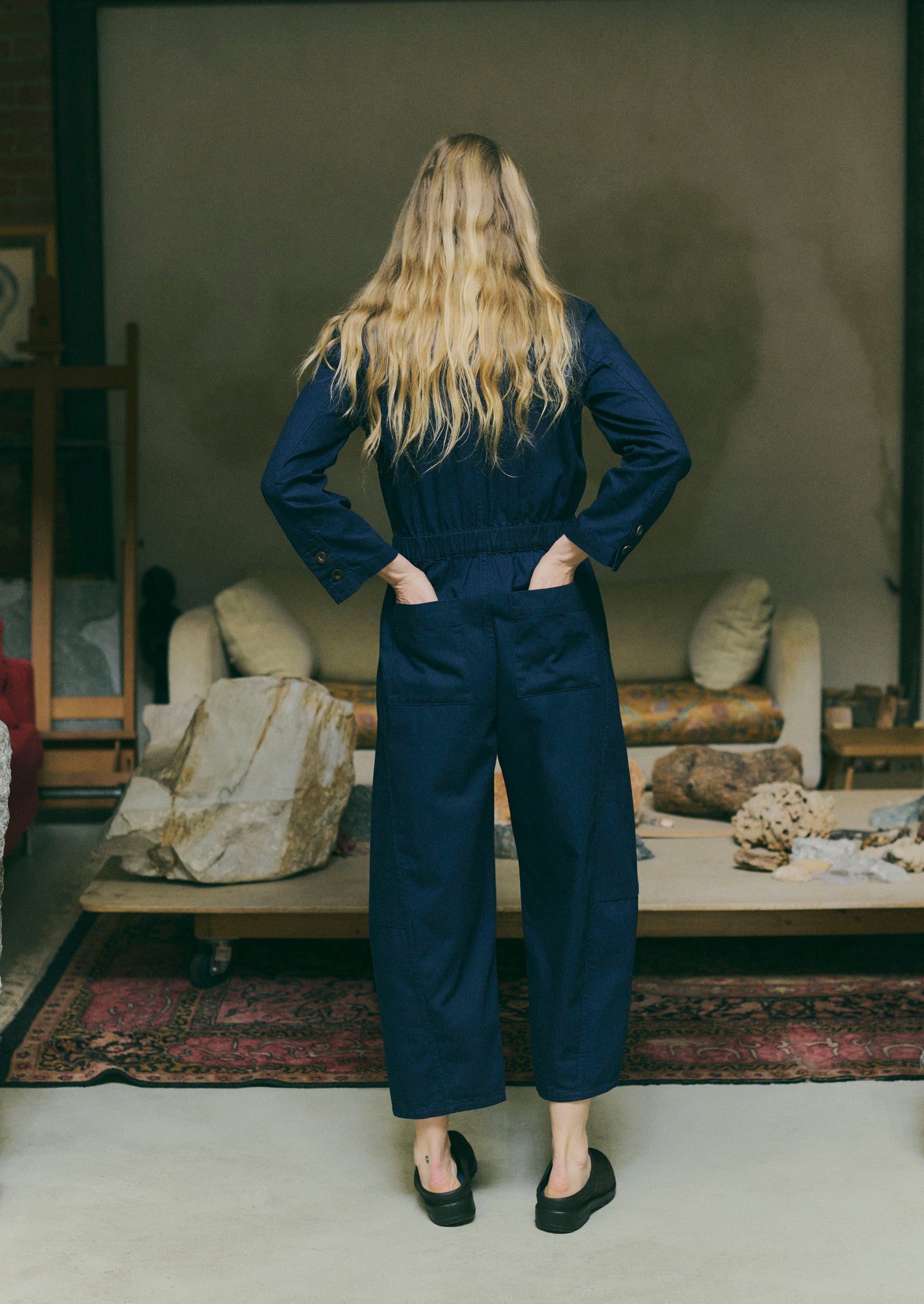 Half Placket Cotton Twill Jumpsuit | Indigo | TOAST